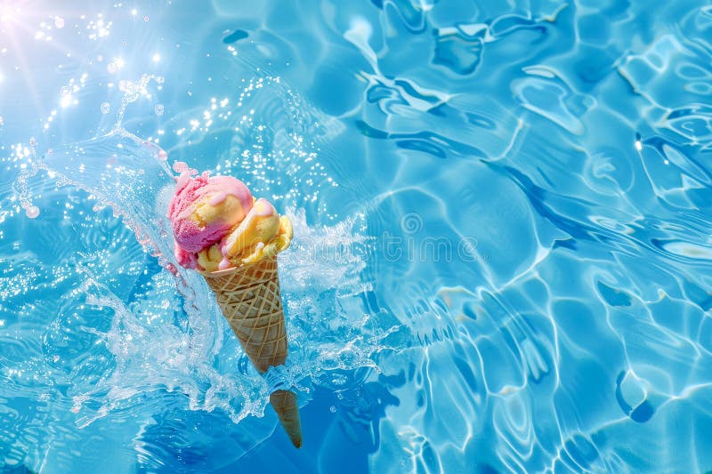 A Cone with Vanilla and Strawberry Cream Ice Cream Falling into a Pool ...