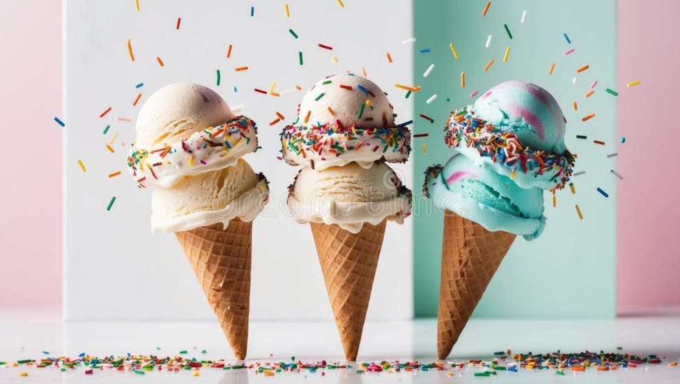 The 3 Cones of Ice Cream Explode with Sprinkles. Stock Image - Image of ...