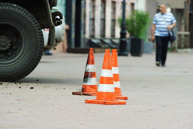 Cones during Road Repairs. Construction of Pavement Sidewalks. City ...