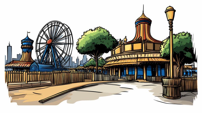 Coney Island in New York. Vector Comic Hand-drawn Illustration of Coney ...