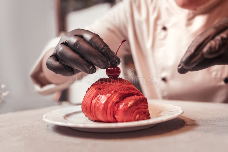 Confectioner Adding Sweet Cherry To the Dessert Stock Photo - Image of ...