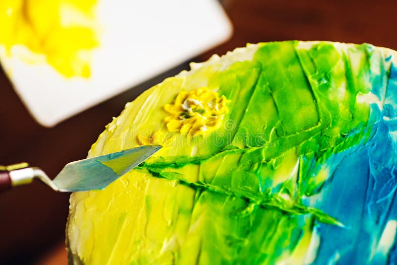 Confectioner Decorate Cake with Colorful Cream. Handmade Cake with ...