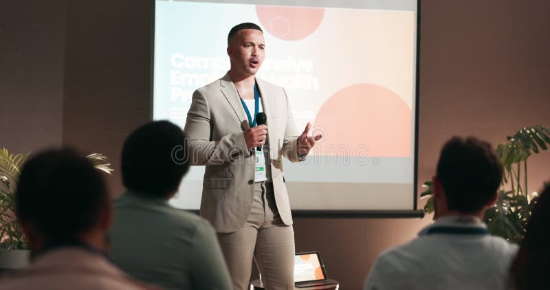 Conference, Audience and Businessman with Mic for Talking, Training or ...