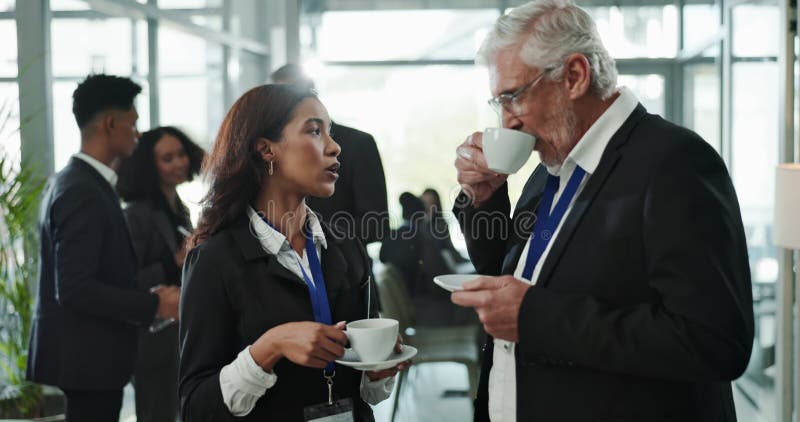 Conference, Break and Business People with Coffee in Discussion for Networking, Chat and ...