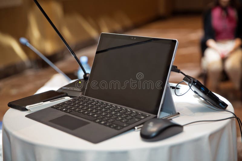 At the Conference Computer Table . Editorial Stock Photo - Image of ...