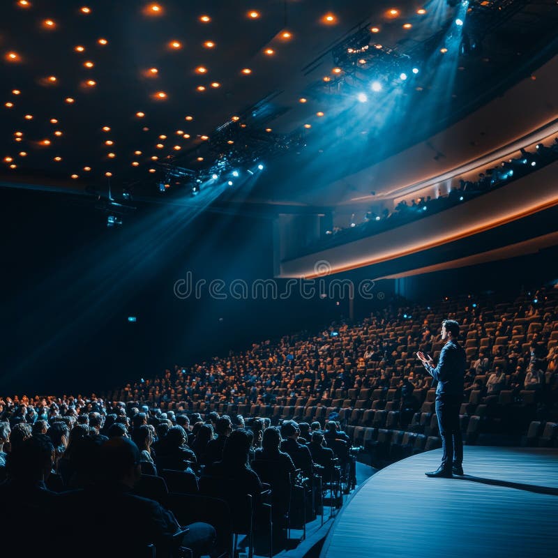 Conference Hall with Big Screen and Crowd of People. Vector ...