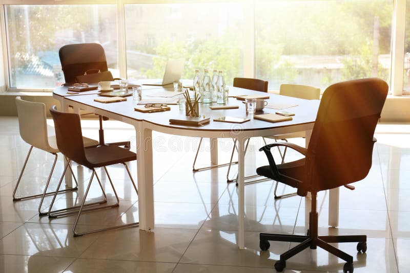 Conference Hall with Big Table Prepared for Business Meeting Stock ...