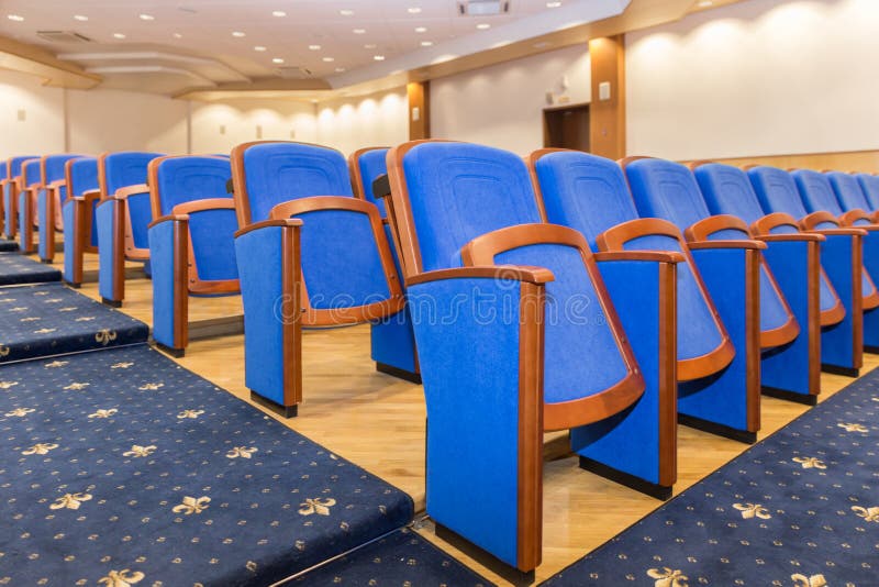 Conference Hall with Blue Seats Stock Photo - Image of color, lecture ...