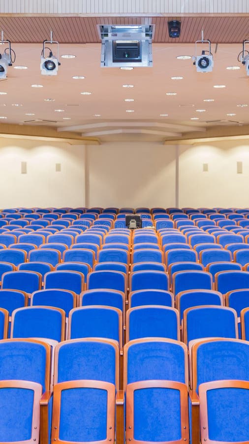 Conference Hall with Blue Seats Stock Image - Image of audience, event ...