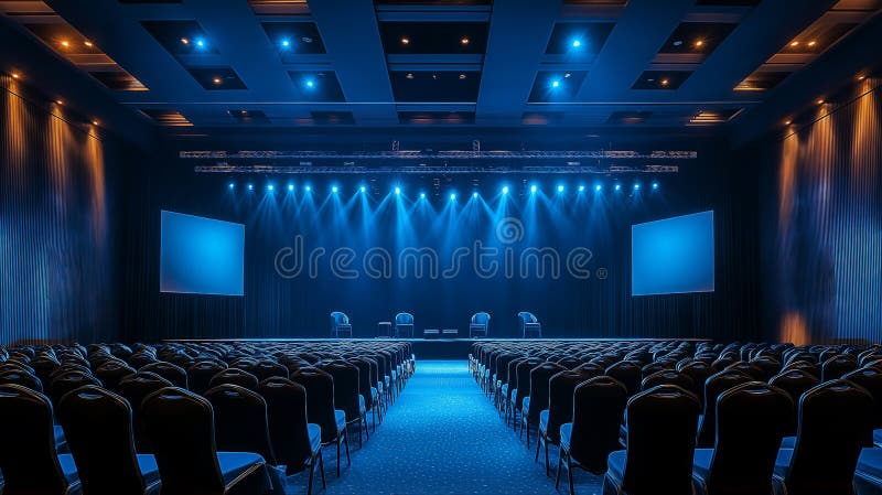 Conference Hall with Stage Lighting, Empty Chairs, Professional Setup ...
