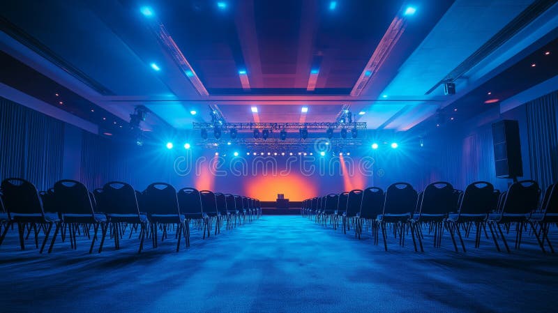 Conference Hall with Stage Lighting, Empty Chairs, Professional Setup ...