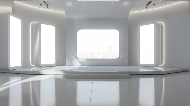 Conference Hall Stage in the Middle 3 Big Screens Futuristic White ...