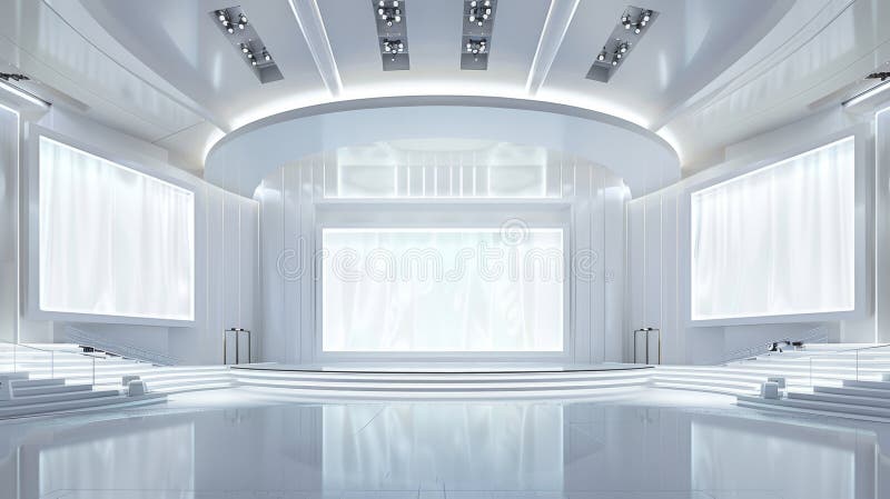 Conference Hall Stage in the Middle 3 Big Screens Futuristic White ...