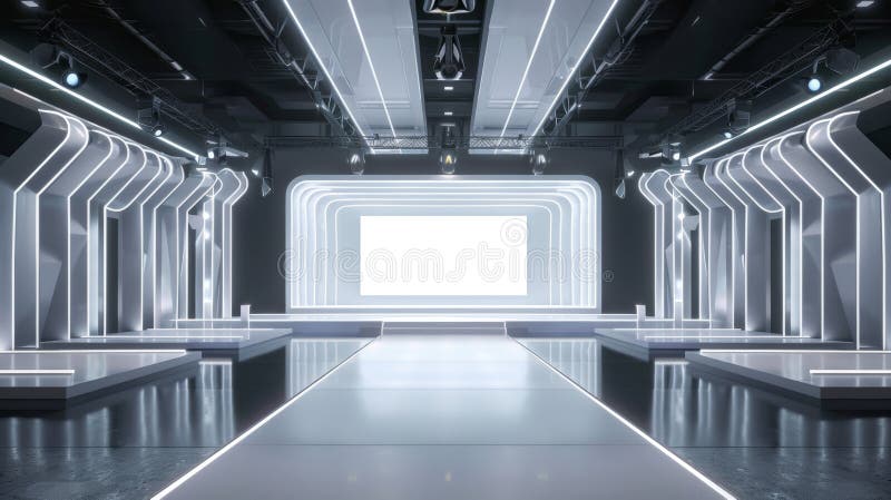 Conference Hall Stage in the Middle 3 Big Screens Futuristic White ...