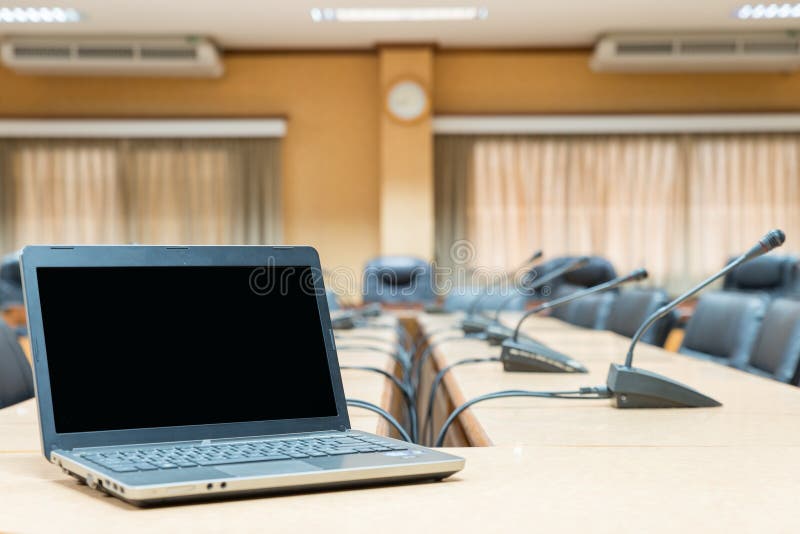 Before a Conference - Laptop in Front of Empty Chairs at Confere Stock ...
