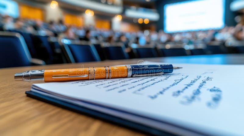 Conference Notes Pens Papers on Table Blurred Auditorium Background ...