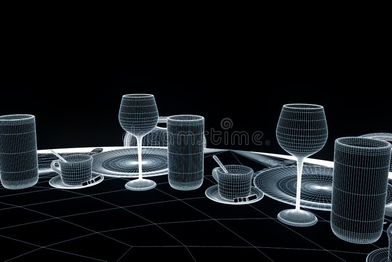 Conference Party Table with Chips in Hologram Wireframe Style. Nice 3D ...