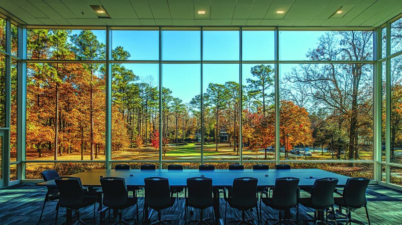 Conference Room with Expansive Views of Fall Foliage Stock Illustration ...