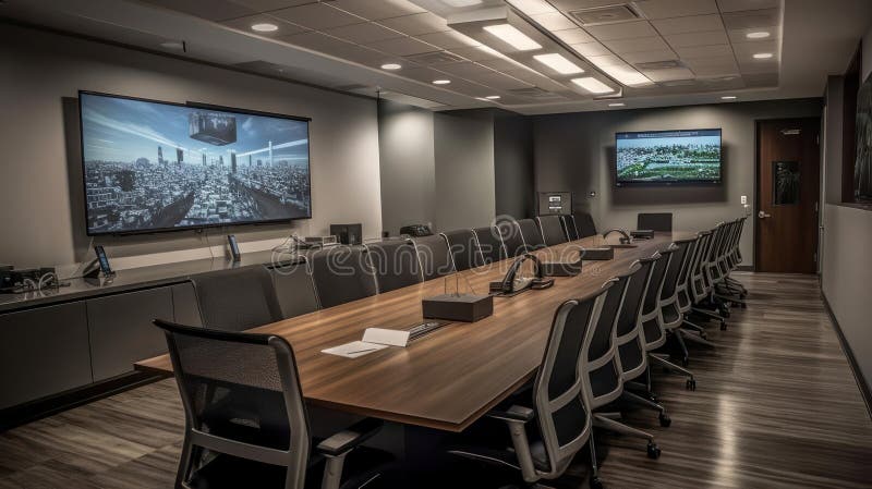 A Conference Room Featuring a Large Screen for Video Conferencing and ...