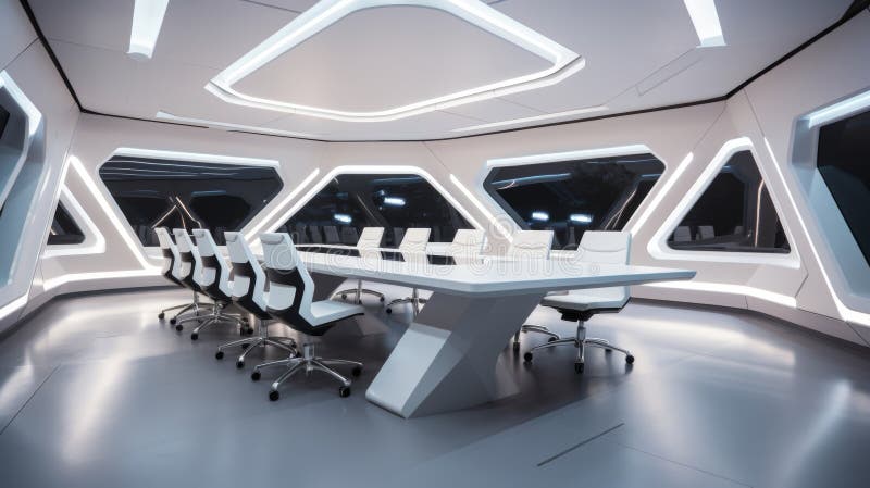 A Conference Room with a Futuristic Design and a High Tech Screen and ...