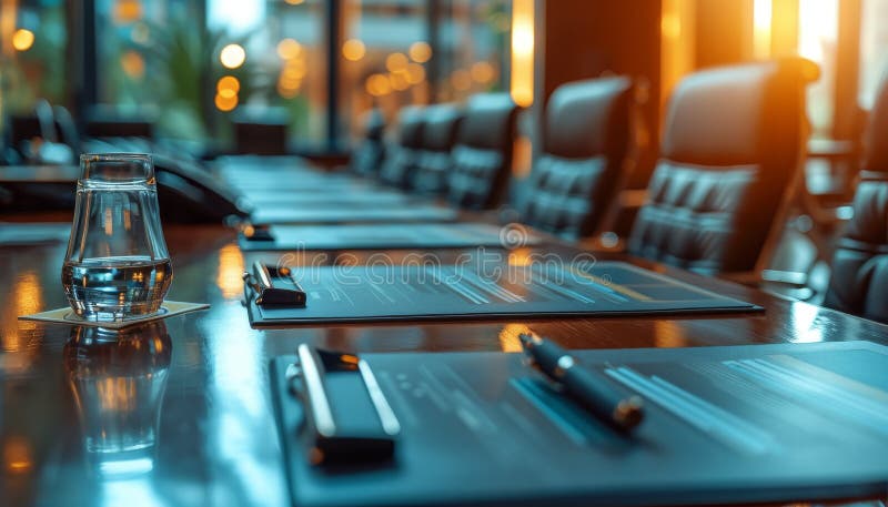 A Conference Room with a Glass of Water on a Table and a Stack of ...