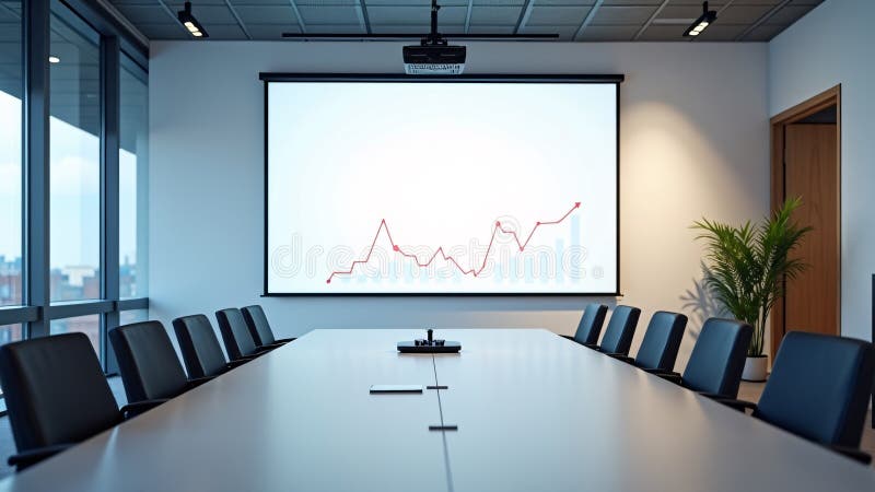 Conference Room with Graph on Screen and Long Table. Stock Illustration ...