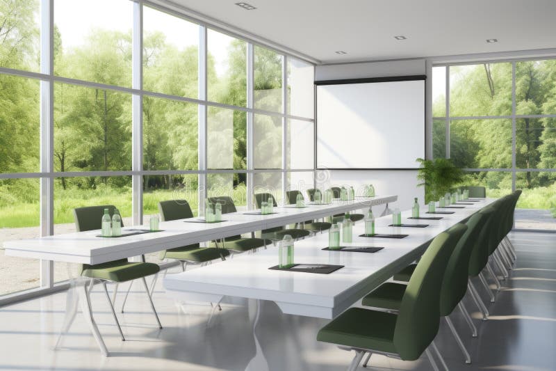 A Conference Room with Green Chairs and a Projector Screen. Generative ...