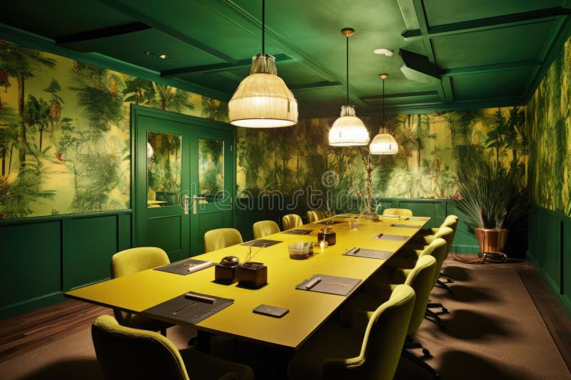 A Conference Room with a Green and Yellow Wallpaper Stock Illustration ...