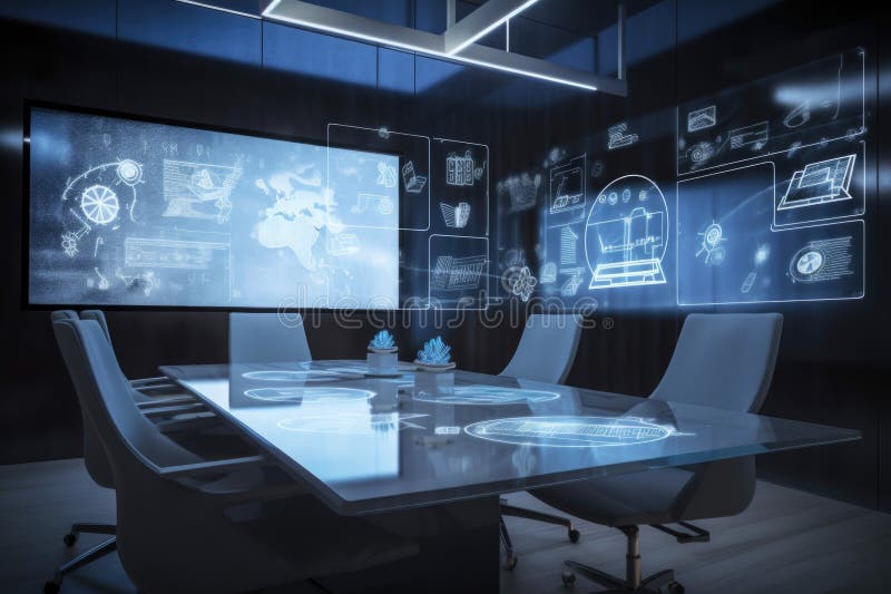 Conference Room with Holographic Display and Floating Icons Stock ... Conference Room with Holographic Display and Floating Icons Stock ...
