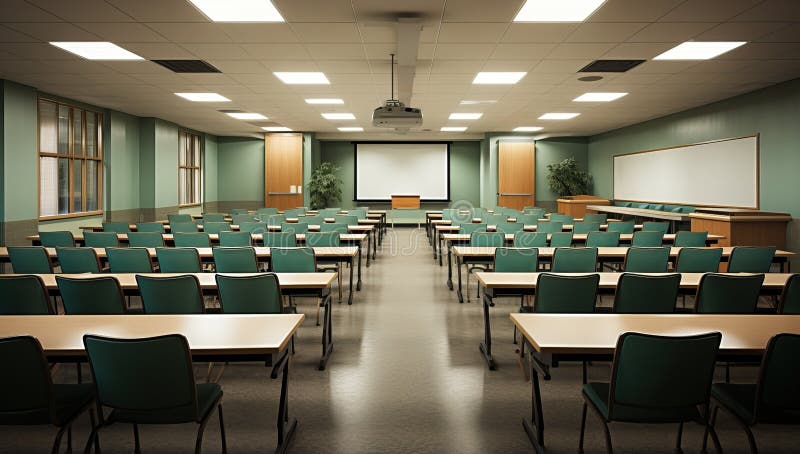 Conference Room Interior with Rows of Green Chairs and Blank Whiteboard ...
