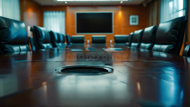 A Conference Room with a Large Round Table Surrounded by Black Leather ...