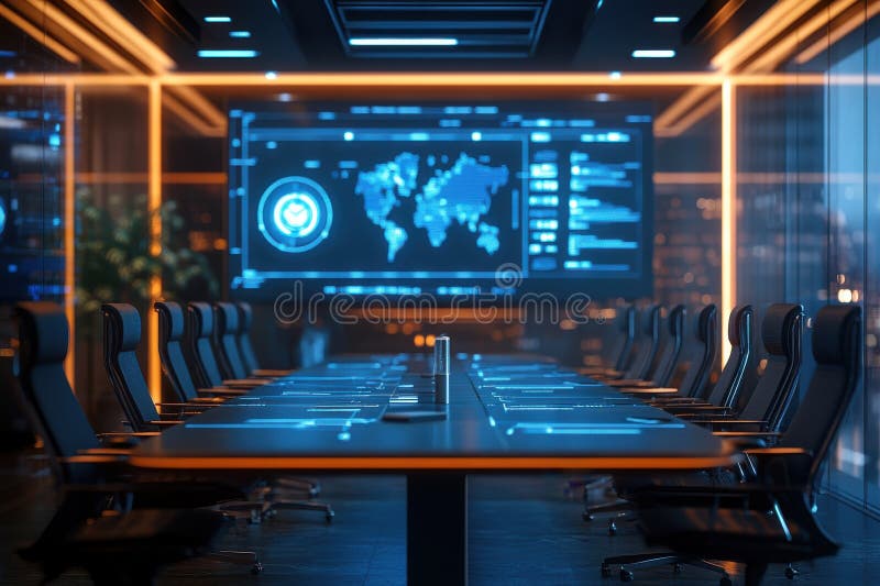 A Conference Room with a Large Screen Displaying a Map of the World ...