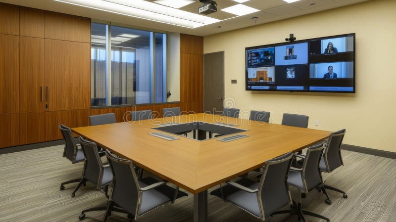 A Conference Room with a Large Screen Displaying Multiple Video Calls ...