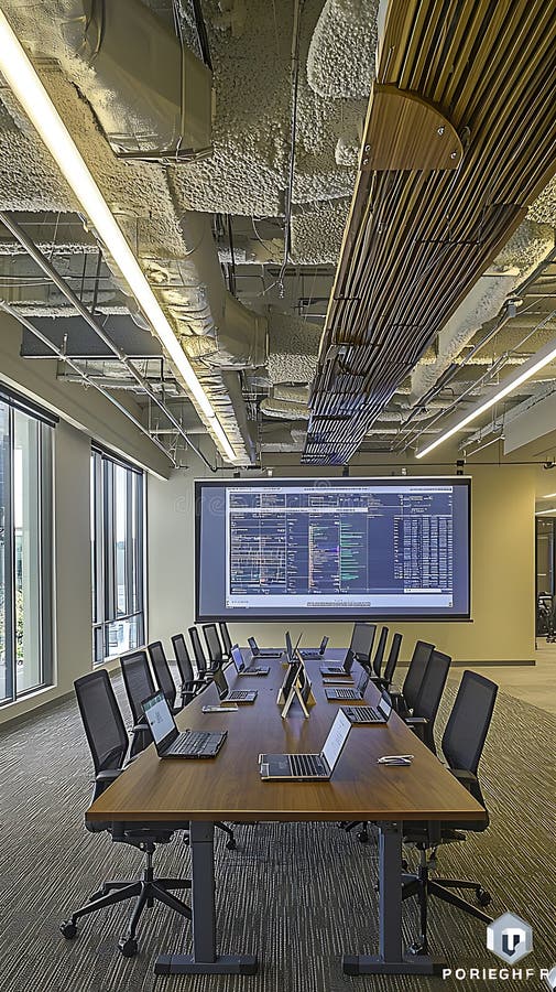 A Conference Room with a Large Screen and a Table with Laptops Stock ...