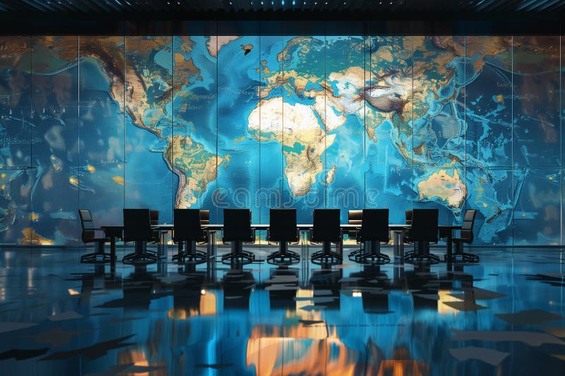 Conference Room with Large World Map Stock Illustration - Illustration ...
