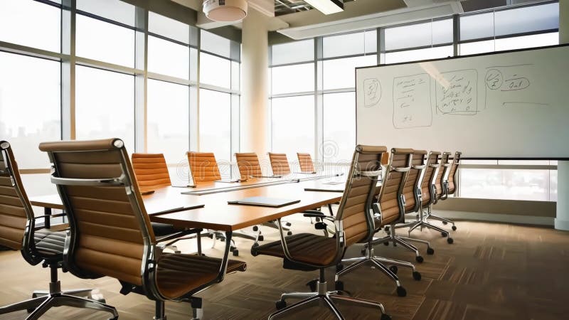 A Conference Room with a Long Table and Chairs in Front of a Whiteboard ...