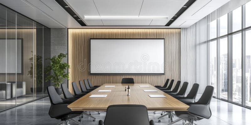 A Conference Room with a Long Table, Chairs, and a Large Screen Stock ...