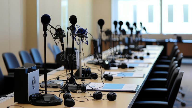 Conference Room with Microphones Stock Image - Image of black, space ...