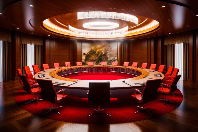 Conference Room with Red Chairs and Round Table in the Center of the ...