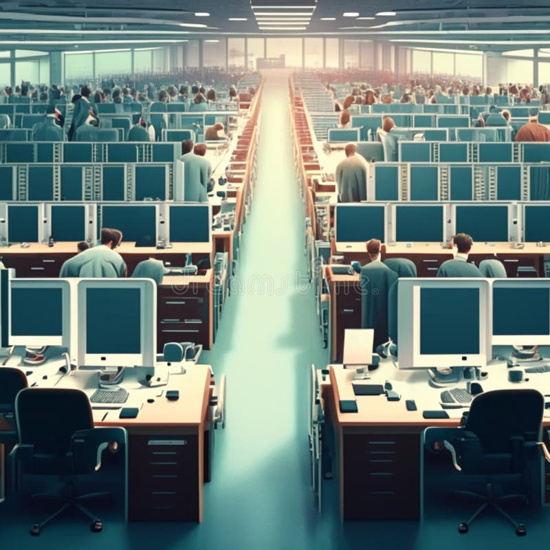 Conference Room With Rows Of Computer Monitors And Computers 3d Rendering Generative Ai Stock