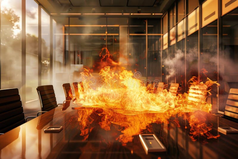 A Conference Room Table Engulfed in Flames. Fire in the Office Stock ...