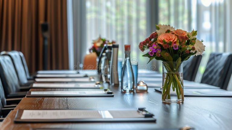 Conference Room Table Setup with Flowers and Documents Stock Photo ...
