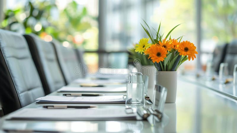 Conference Room Table Setup with Flowers and Documents Stock Image ...