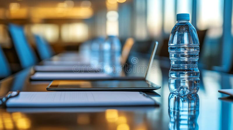 Conference Room Table with Water Bottle and Documents Stock ...