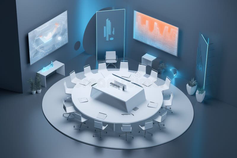 Conference Room with Touch Screens Around a Circular Conference Table ...