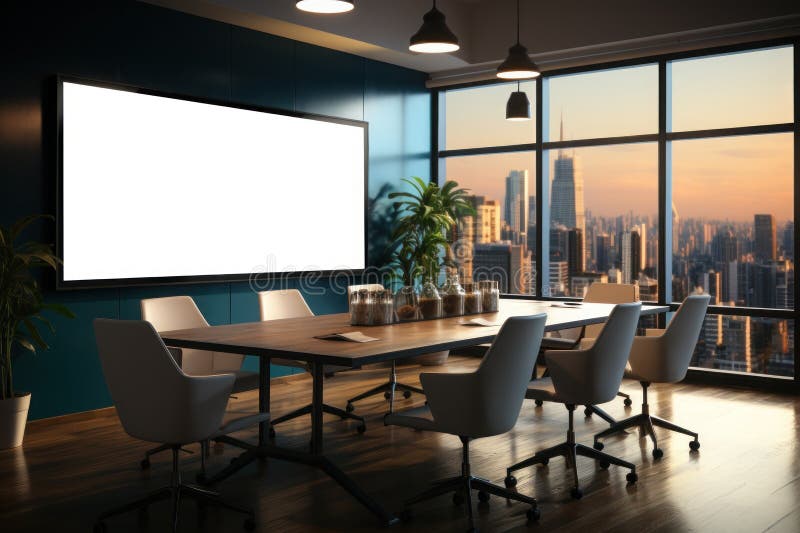 Conference Room with Walls and Big Windows and Led Display on the Wall ...