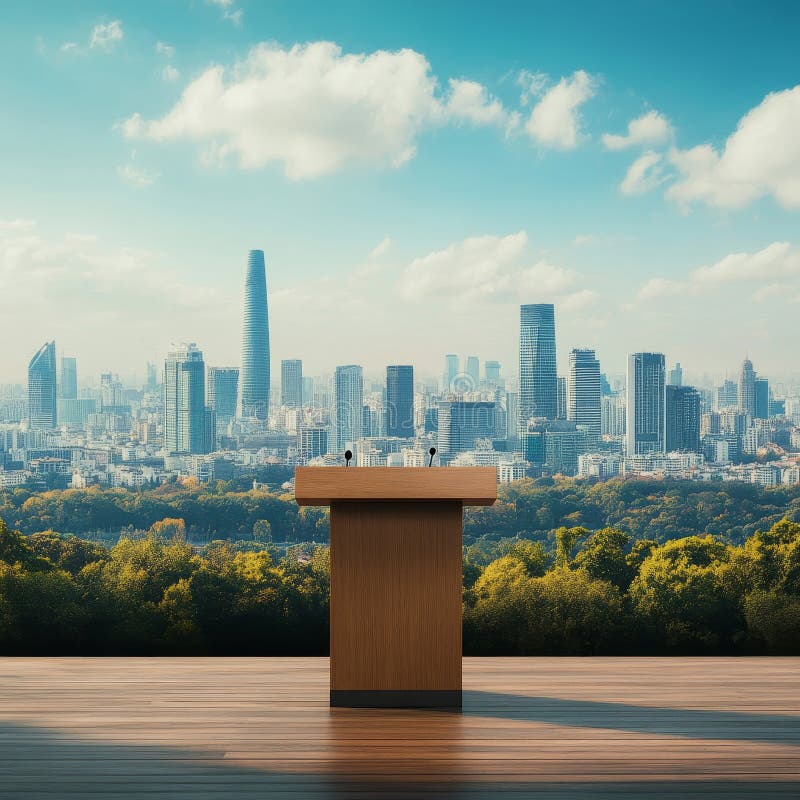 Conference Speech Podium on Wooden Table with Cityscape, Vector ...