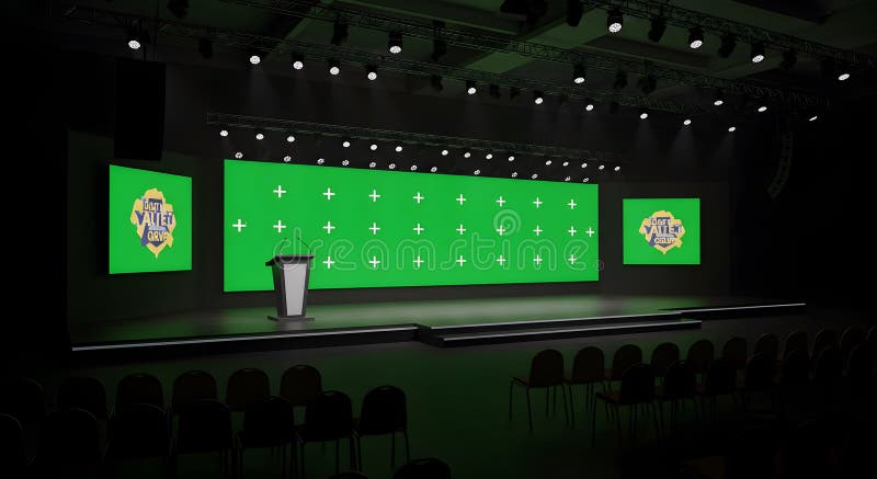 Conference Stage with Green Screen Backdrop and Empty Seating ...