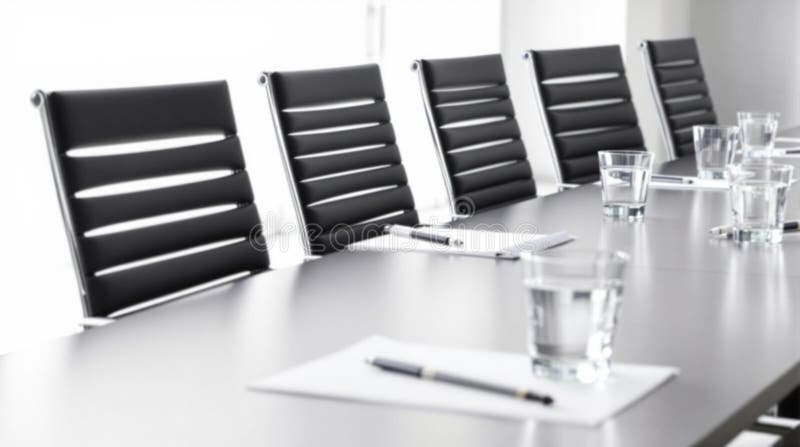 Conference Table with Black Chairs and Water Glasses Ready for a ...