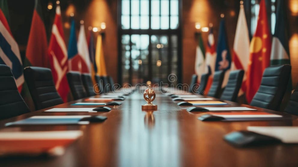 A Conference Table Centered with a Globe in a Formal Setting Stock ...